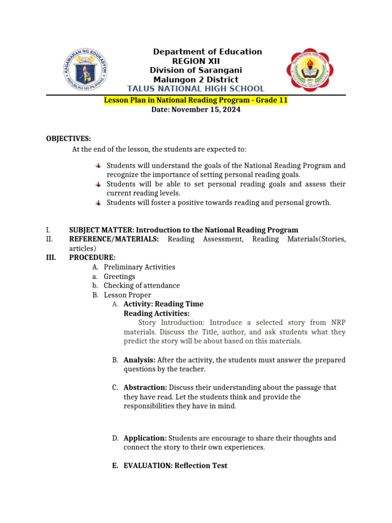 NRP LESSON PLAN | PDF | Lesson Plan | Educational Assessment