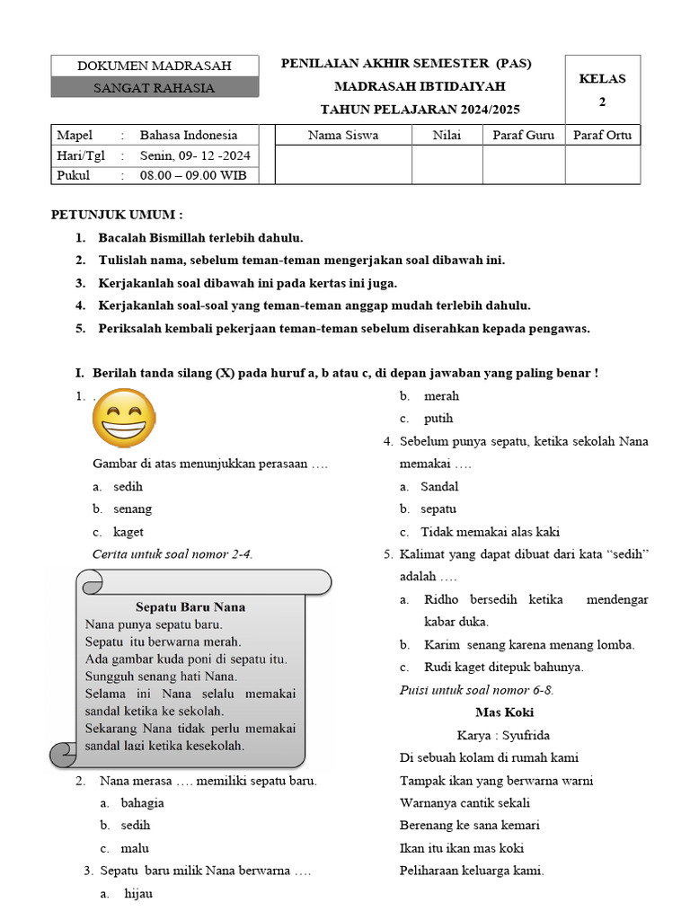 Soal Pts B. Indo Kelas 2 SMT 1 | PDF