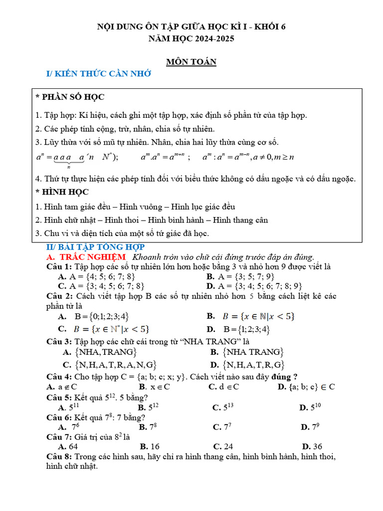 K6 Noi Dung On Tap Giua HKI 24-25 | PDF