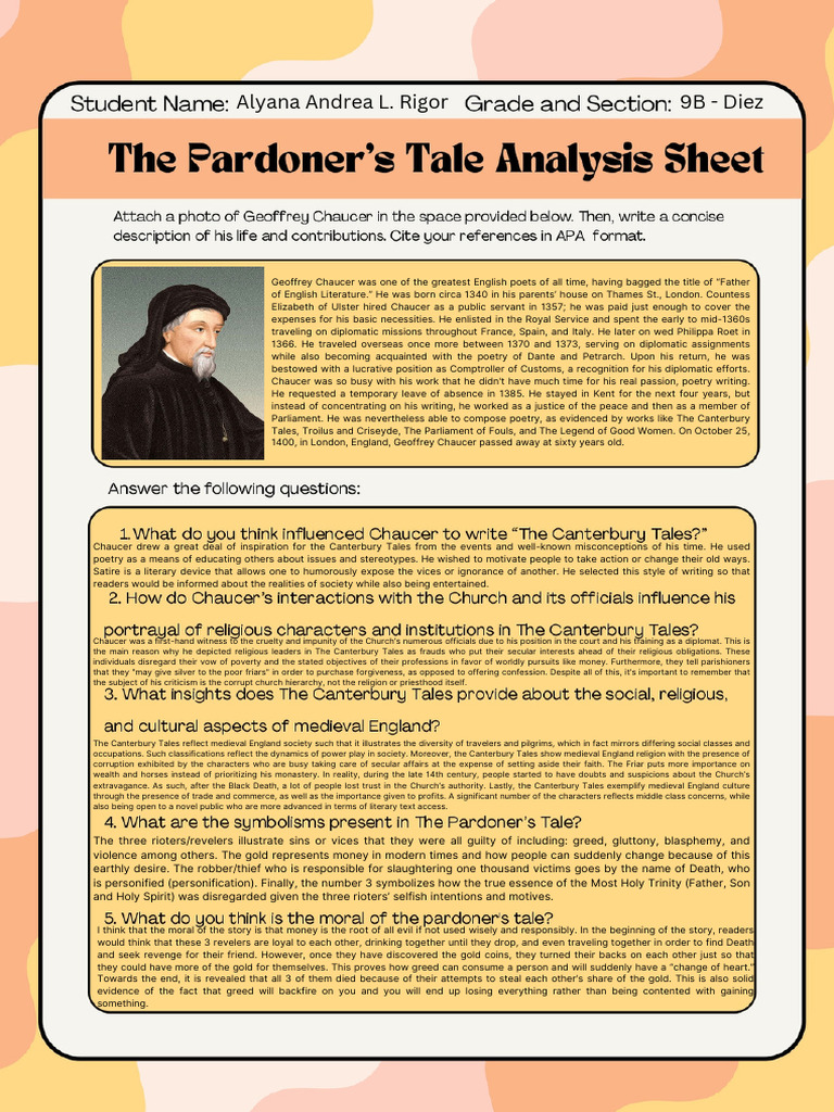 The Pardoner's Tale Worksheet - Alyana Andrea L. Rigor | PDF | The ...