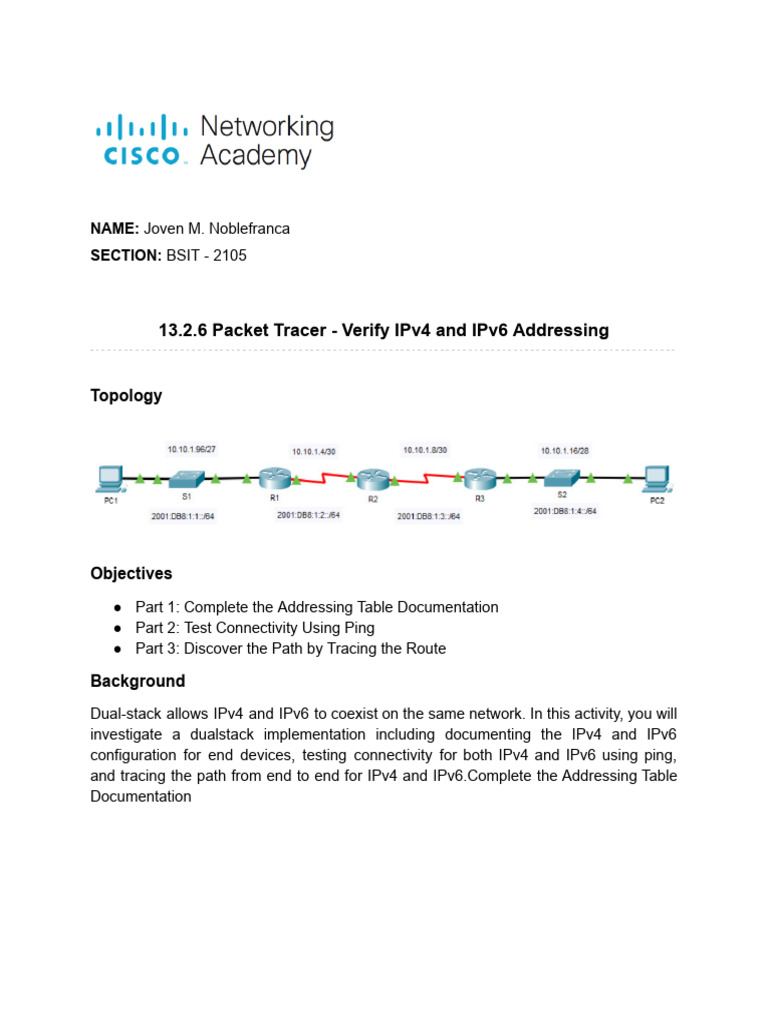 13.2.6 Packet Tracer - Verify IPv4 and IPv6 Addressing | PDF