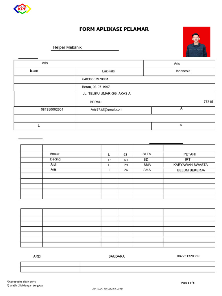PT. KPE - Form Aplikasi Pelamar | PDF