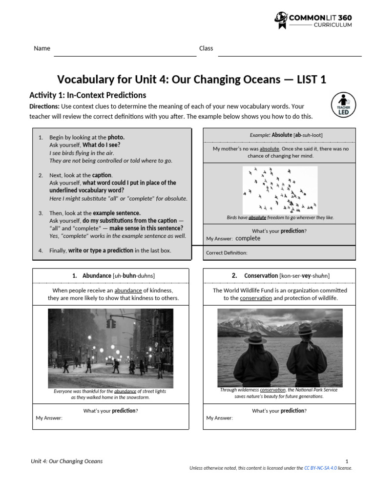 6G Unit 4 Vocabulary Activity Set List 1 STUDENT COPY Ed2.0 | PDF ...
