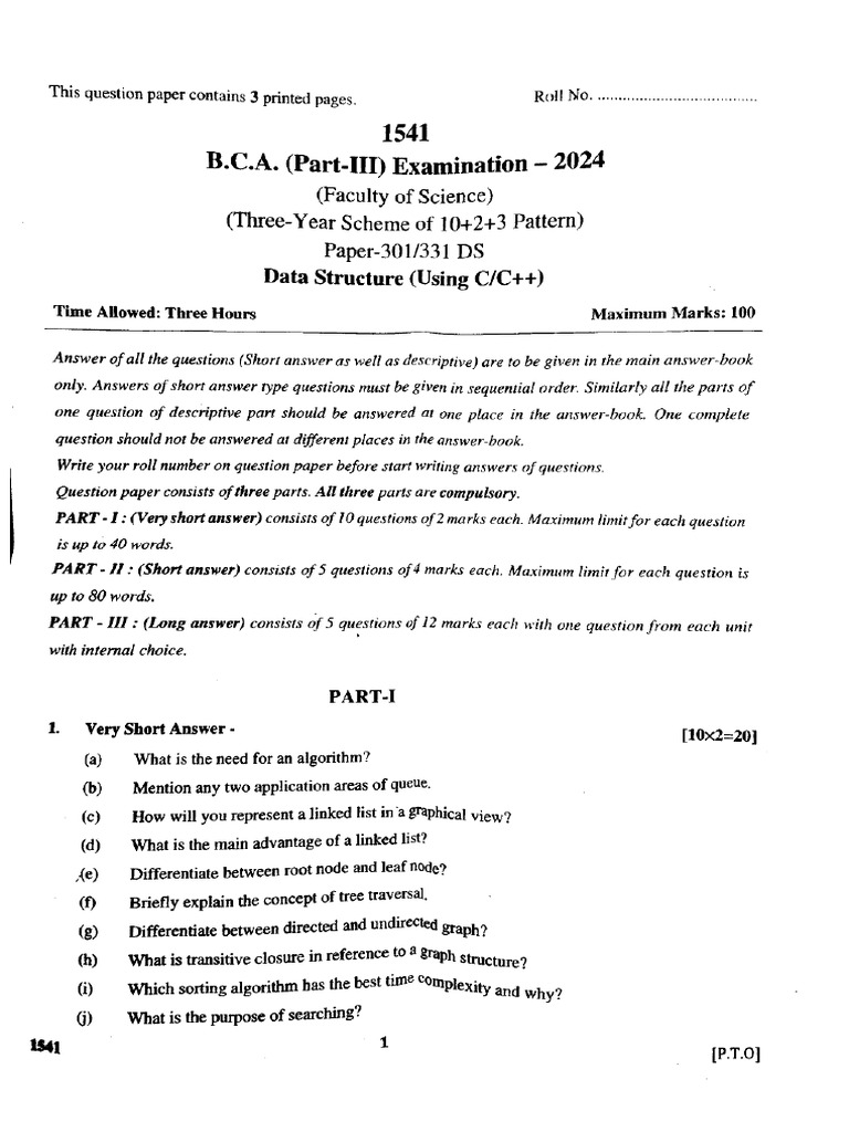 Bca Part 3 Data Structure Using C CPP 1541 2024 | PDF