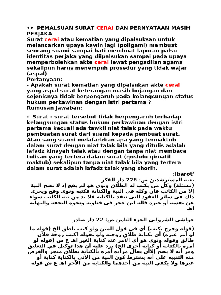 PEMALSUAN SURAT CERAI DAN PERNYATAAN MASIH PERJAKA | PDF