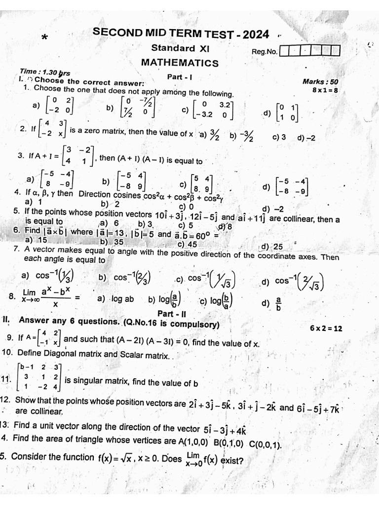 11th Maths 2nd Mid Term Exam 2024 Original Question Paper Chengalpattu ...