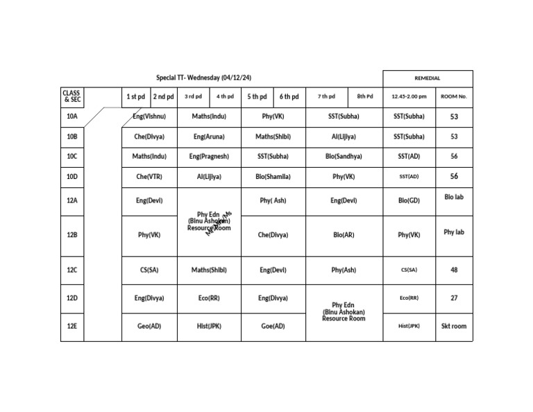 SPL Time Table Class X &XII-Wednesday | PDF