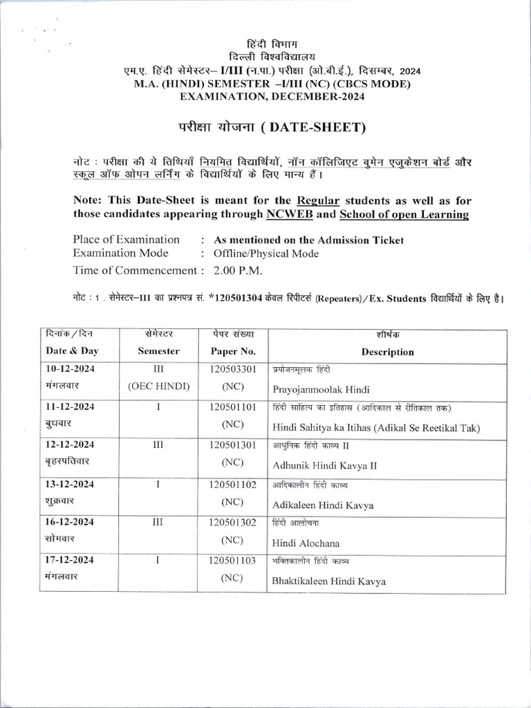 2024-11-20-M.A.Hindi Sem. I-III Regular, NCWEB & SOL | PDF