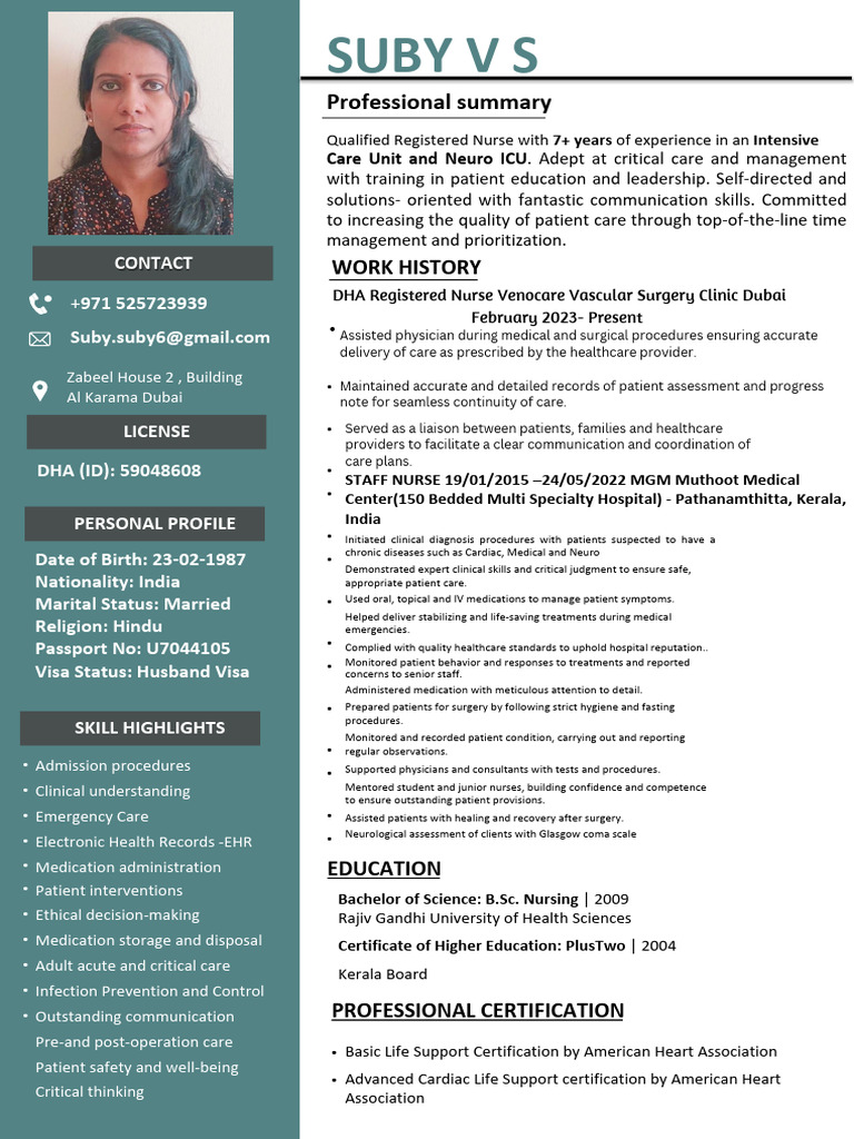 Suby Dha Registered Nurse CV | PDF | Surgery | Nursing