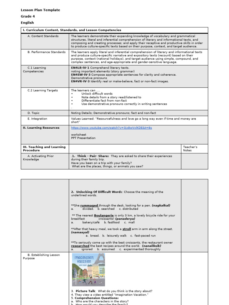 DONE - English 4 Lesson-Plan | PDF | Reading Comprehension | Learning
