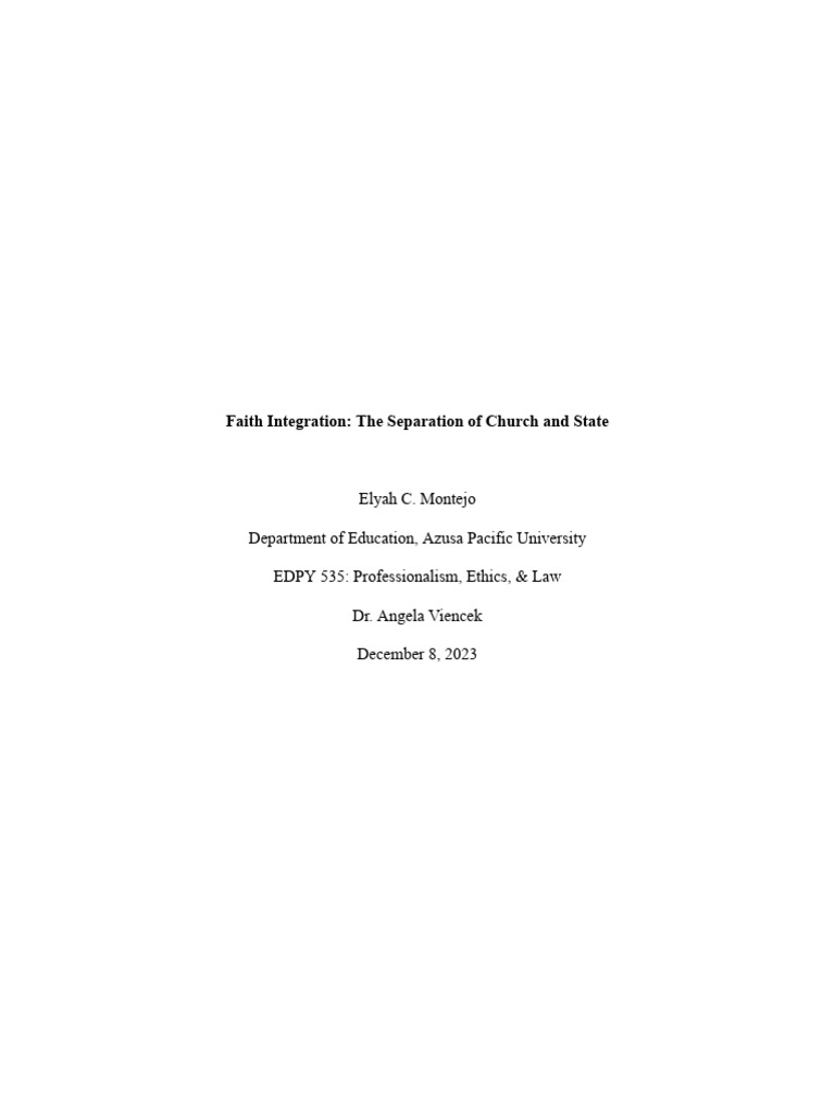 EDPY 535 Montejo Faith Integration | PDF | Separation Of Church And ...
