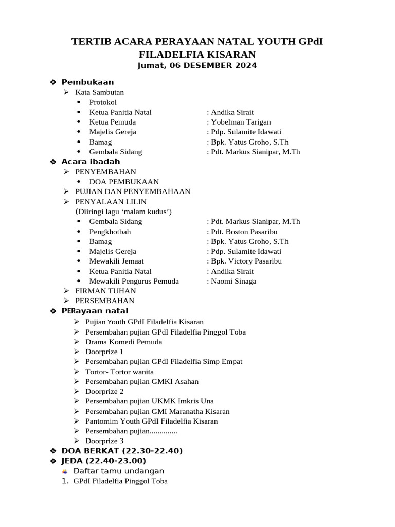 Rundown ACARA NATAL YOUTH GPdI FILADELFIA | PDF