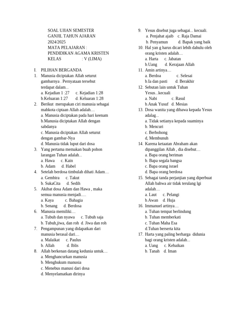 Soal Ujian Agama Kristen Kelas V | PDF