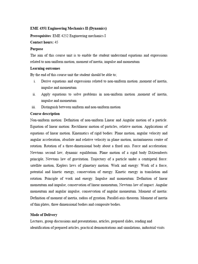 EME 4351 - Engineerig Mechanics - Course Outline | PDF | Torque ...