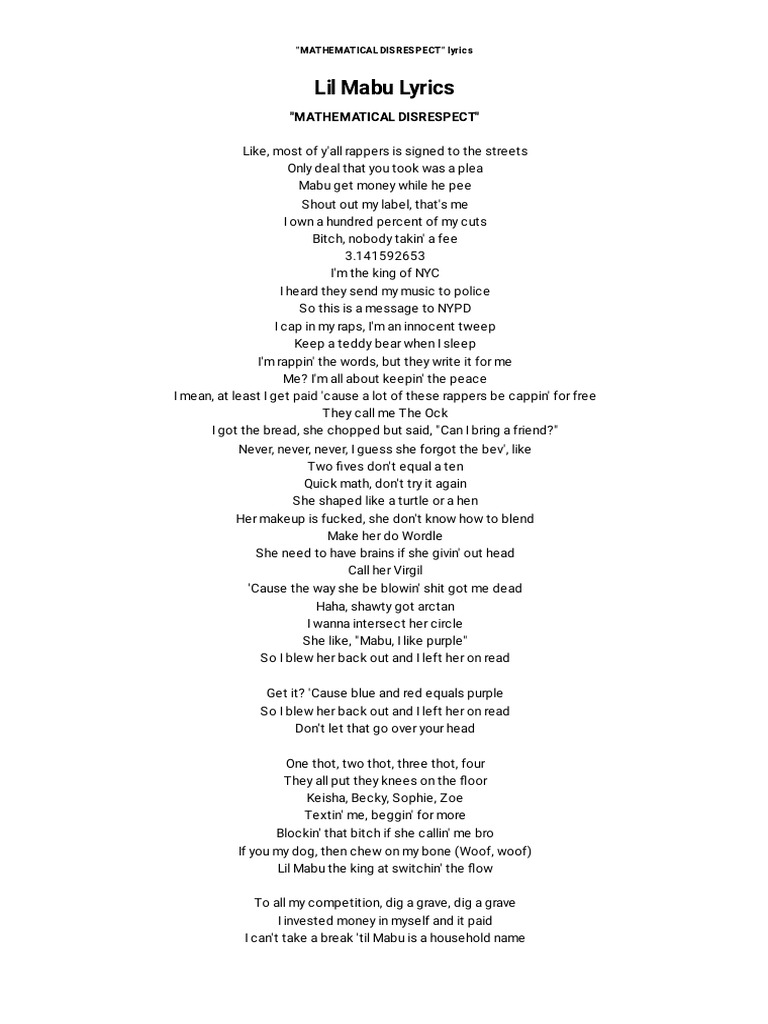 Lil Mabu - MATHEMATICAL DISRESPECT Lyrics | PDF | Popular Music ...