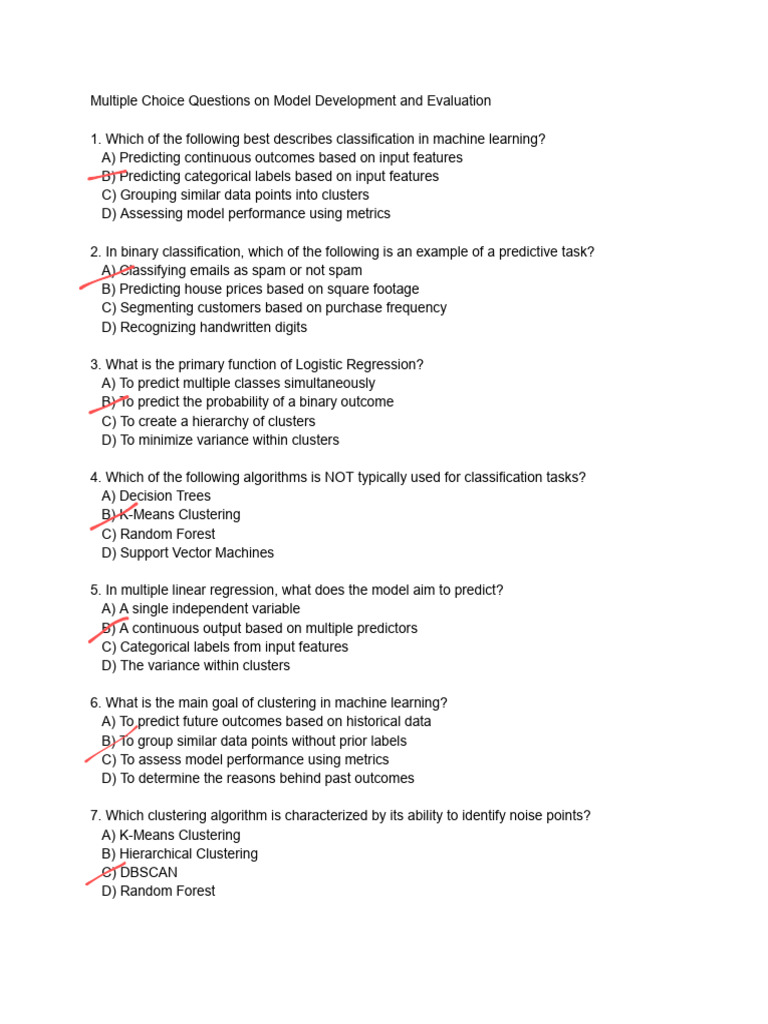 Model Development & Evaluation Quiz | PDF | Statistical Classification ...