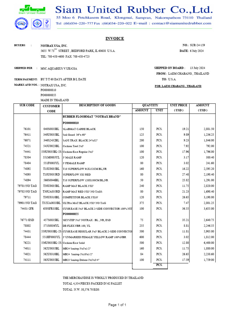 Notrax USA Invoice for Rubber Mats | PDF