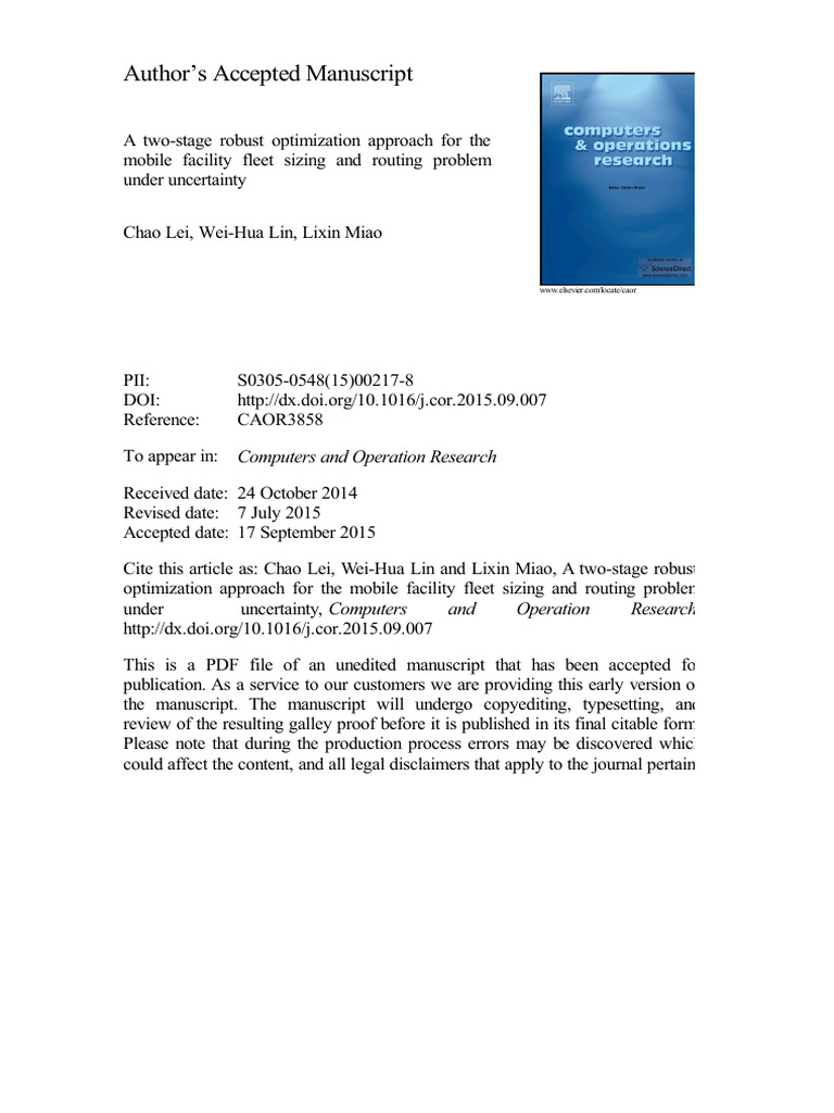 Lei2016 Cor A Two Stage Robust Optimization Approach For The Mobile