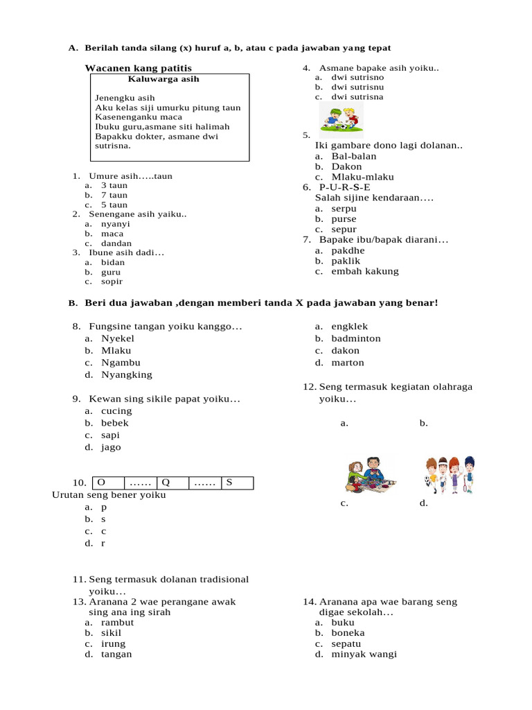 Soal Soal Pas Bahasa Jawa Kls 1 | PDF