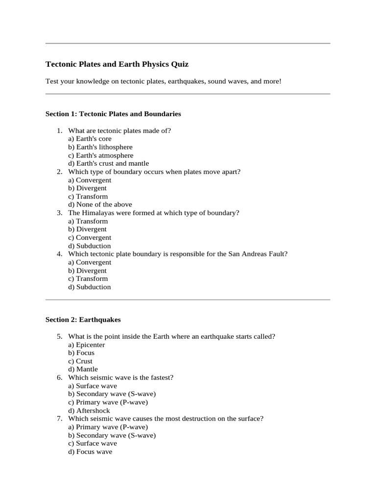 Tectonic Plates and Earth Physics Quiz | PDF | Plate Tectonics ...