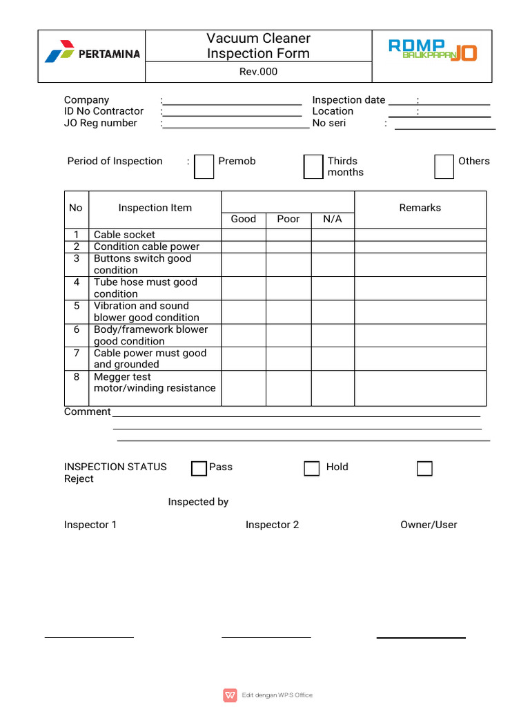 Vacuum Cleaner Inspection Checklist | PDF