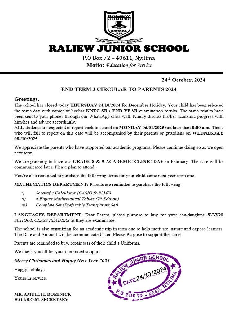 End of Term 3 Circular to Parents 2024 | PDF