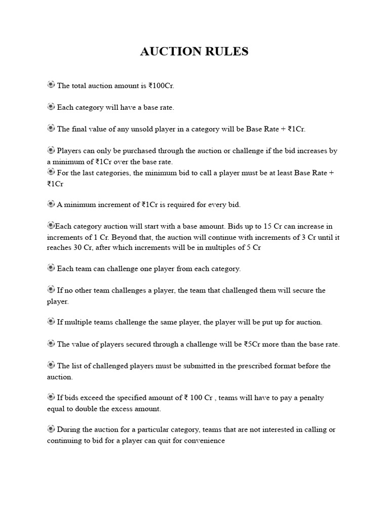 Auction Rules for ₹100Cr Player Bidding | PDF