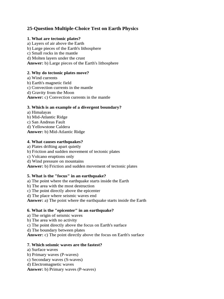 25-Question Multiple-Choice Test On Earth Physics | PDF | Plate ...