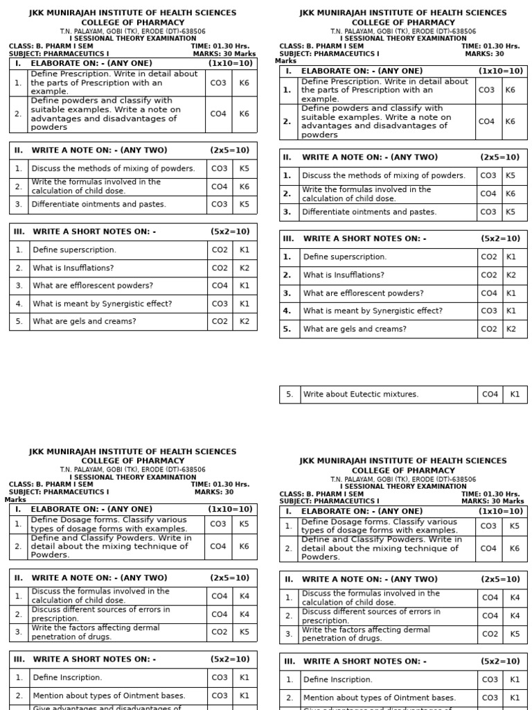 Ceutics I Sessional QP | PDF | Topical Medication | Products Of Chemical Industry