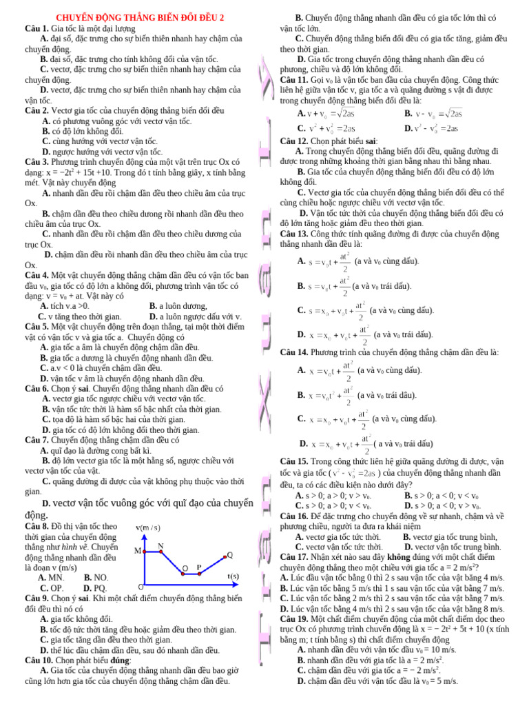 Bài tập Cđ THẲNG BIẾN ĐỔI ĐỀU 11111.docx | PDF