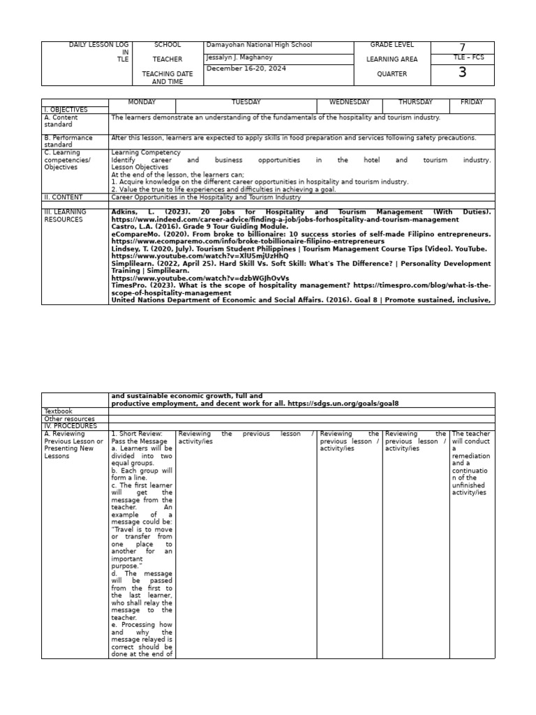 DLL in Tle FCS 7 Q2 Week 2 | PDF | Teachers | Learning