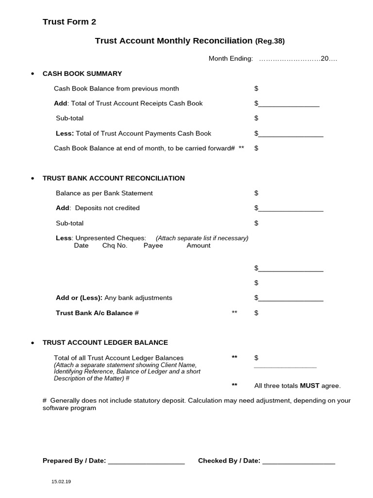 Trust Form 2 Trust Account Monthly Reconciliation | PDF | Banks | Cheque