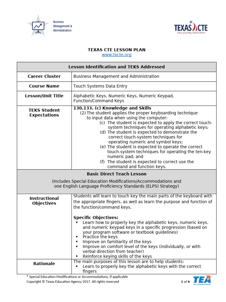Lesson Plan Alphabetic Keys, Numeric Keys, Numeric Keypad, Function ...
