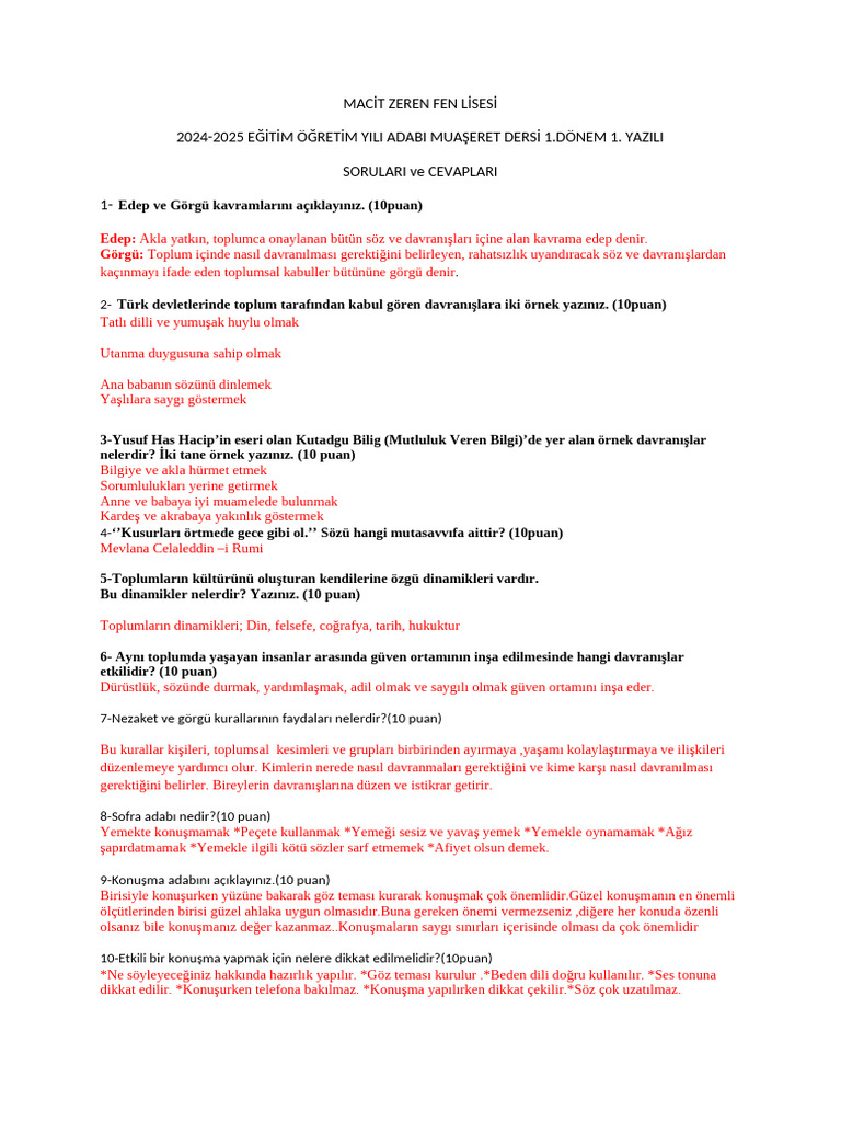 Dönem 1. Yazili Soru Ve Cevaplari | PDF