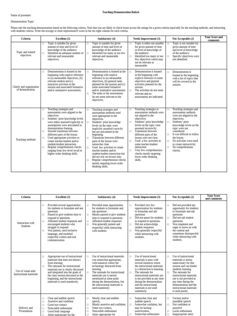 Teaching Demonstration Evaluation Rubric | PDF | Reading Comprehension | Education Theory