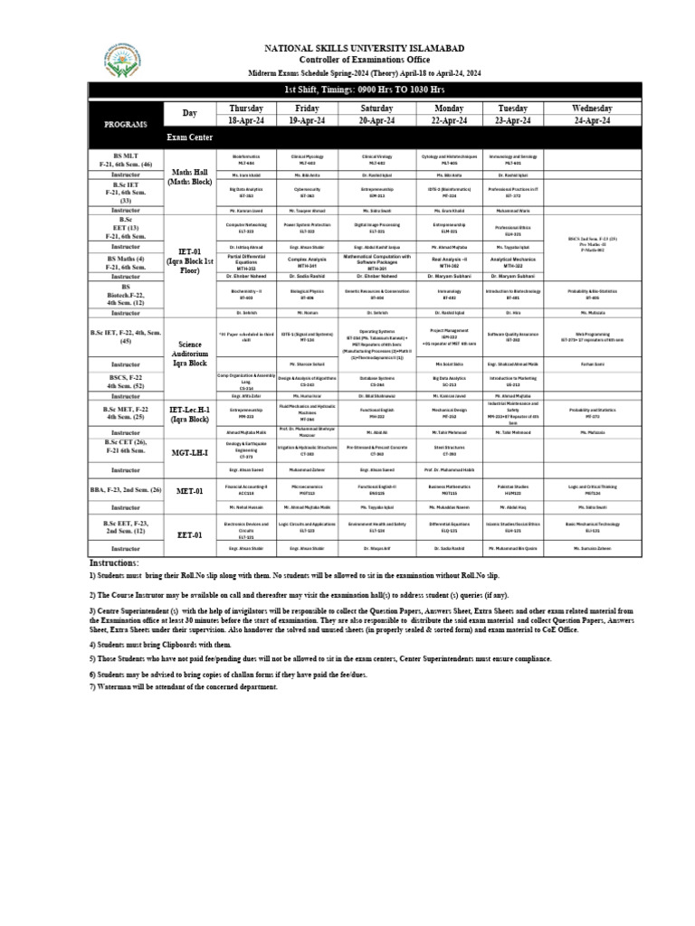 Midterm Exam Schedule Spring 2024 | PDF