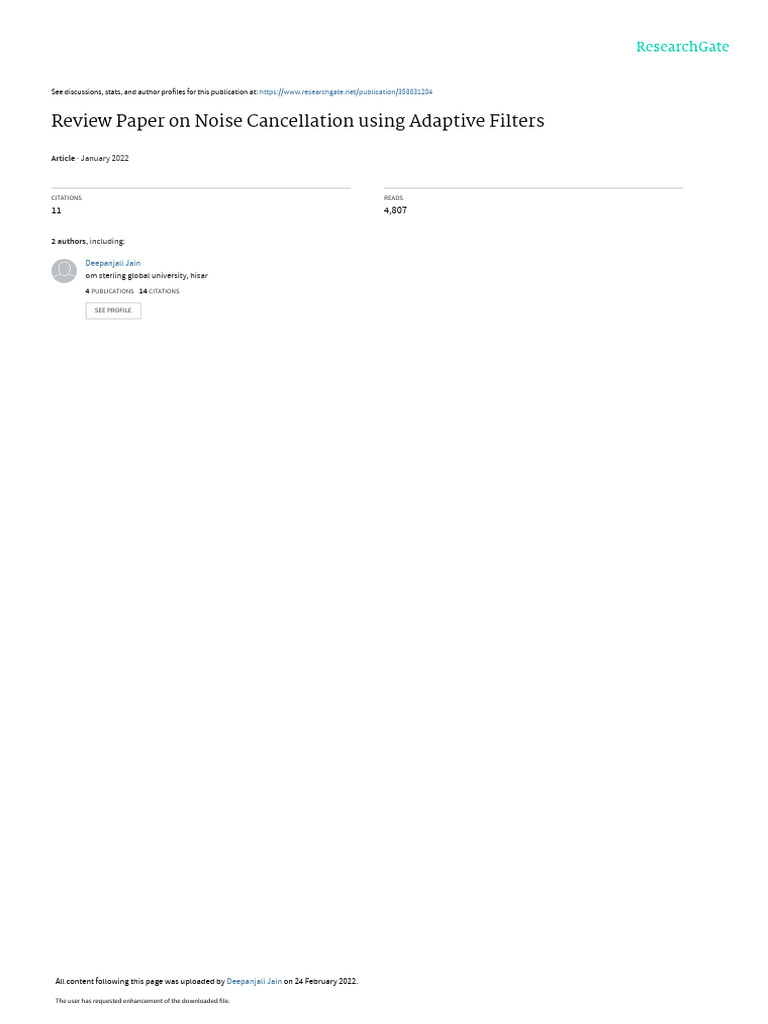 Review Paper On Noise Cancellation Using Adaptive Filters IJERTV11IS010103 | PDF | Filter ...