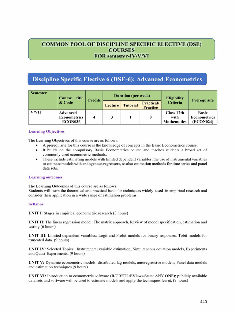 Advanced Ecometrics DSE Syallabus | PDF
