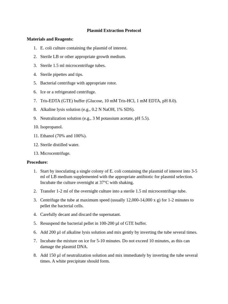 Plasmid Extraction Protocol | PDF | Sodium Hydroxide | Chemistry