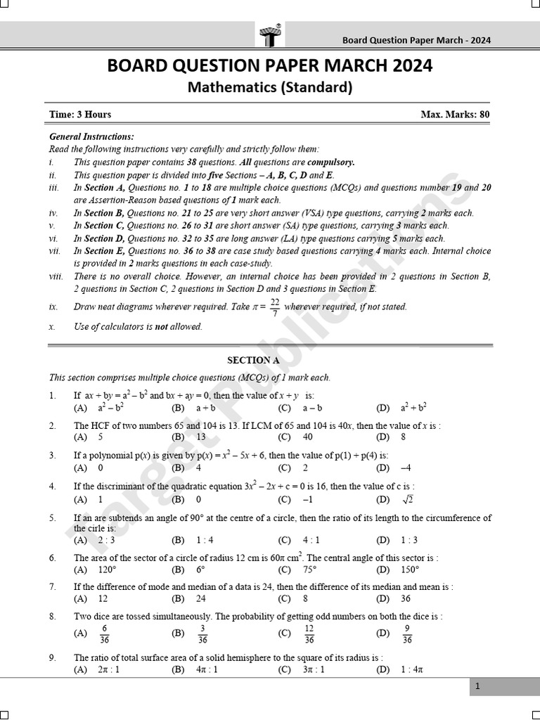 01 Board Question Paper Maths - March 2024 - 65f069cde04fa | PDF ...