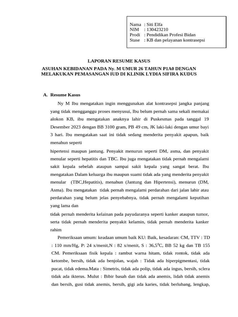 Laporan Resume Kasus IUD Siti Elfa | PDF