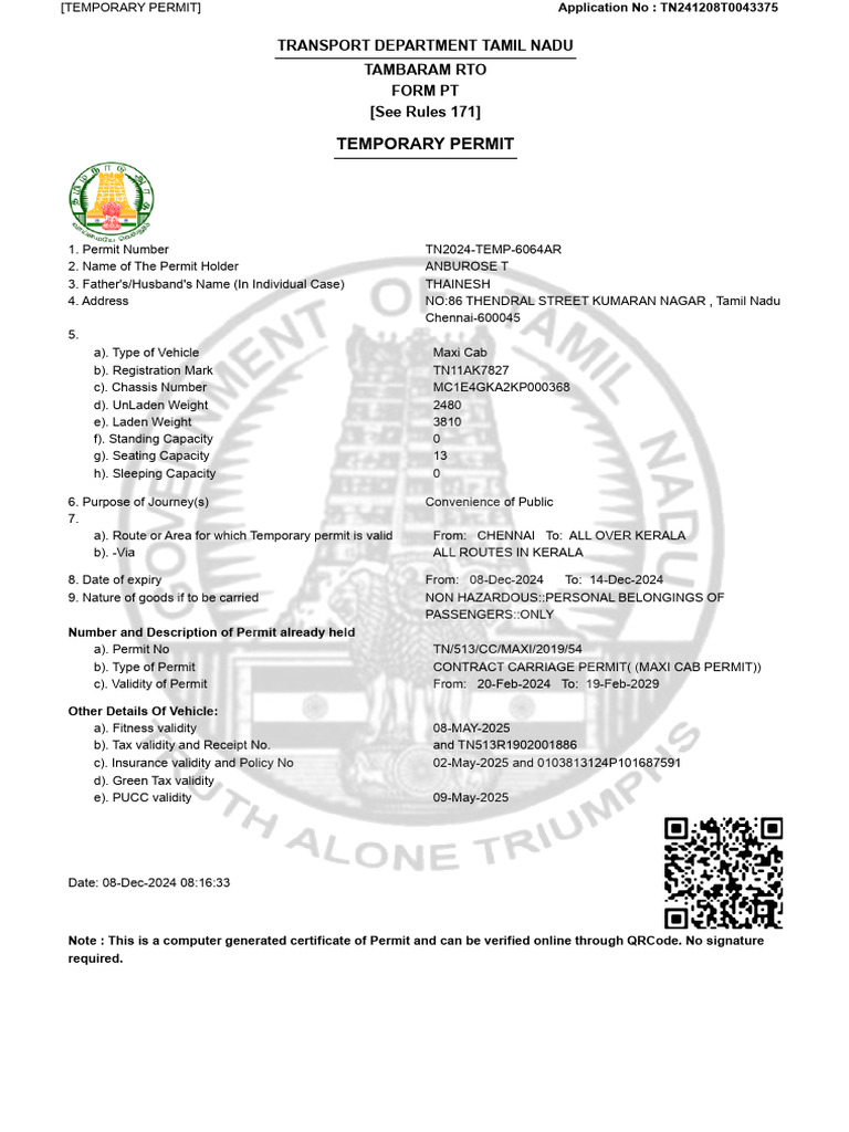 TN11AK7827 Permit | PDF | Land Transport | Transport