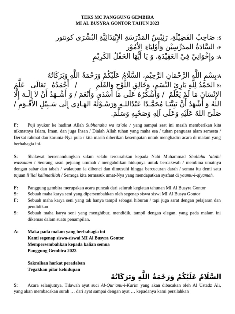 Teks MC Panggung Gembira Gontor 2023 | PDF