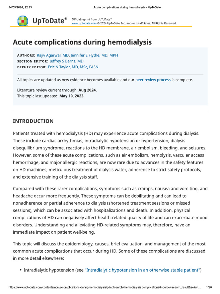 Acute Complications of Hemodialysis | PDF