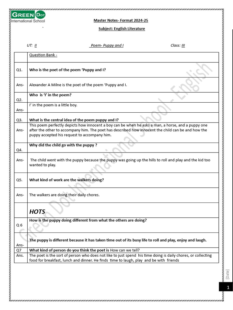 G-3 Poem-Puppy and I Question Bank | PDF