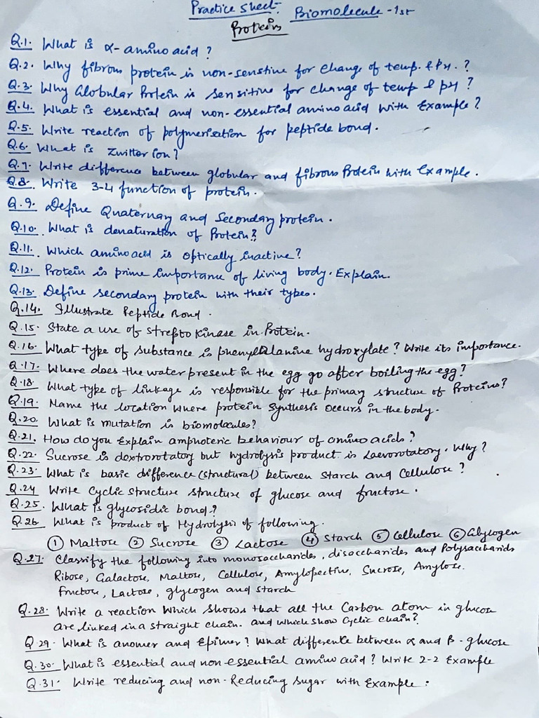 Biomolecules Practice sheet 1(Pro, Carbo ) | PDF