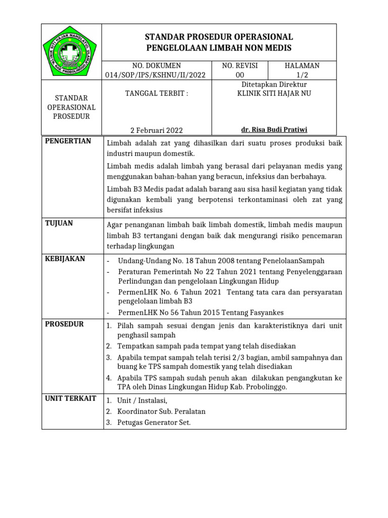 Sop Pengelolaan Limbah Non Medis | PDF