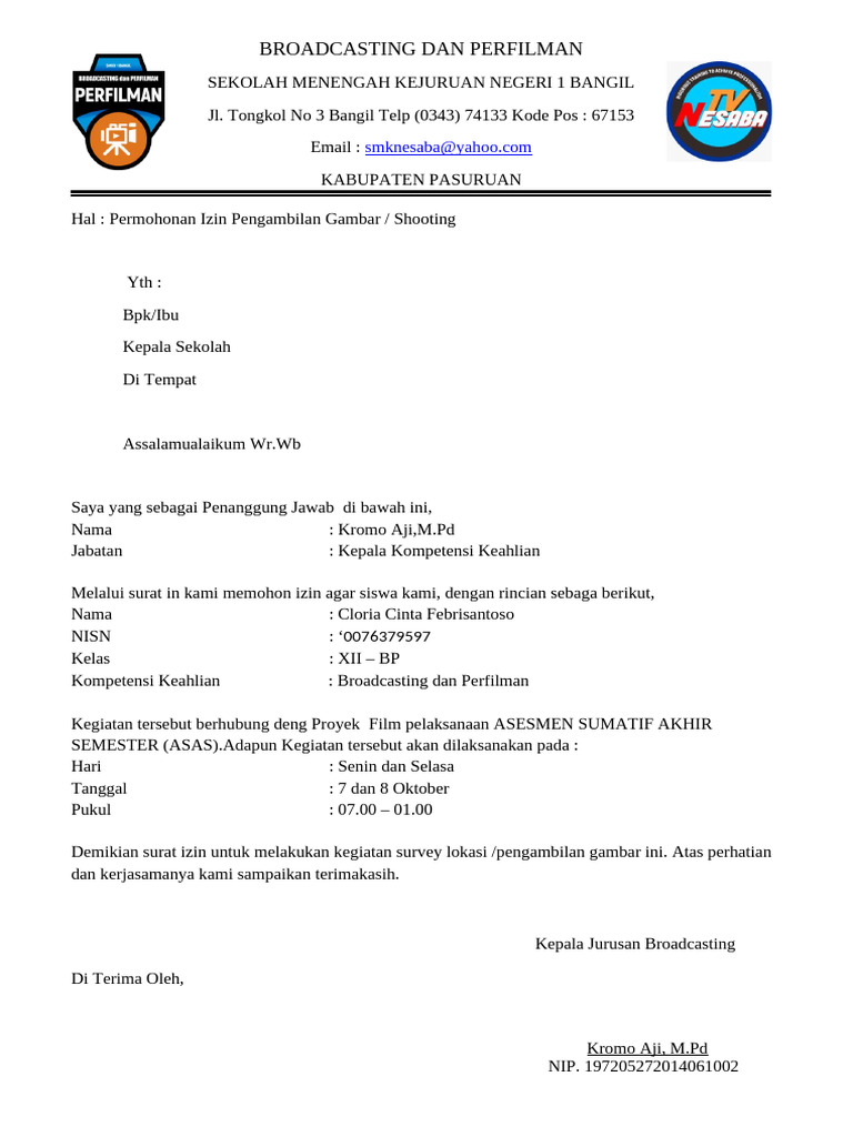 Surat Perijinan Fadira Maulidia | PDF