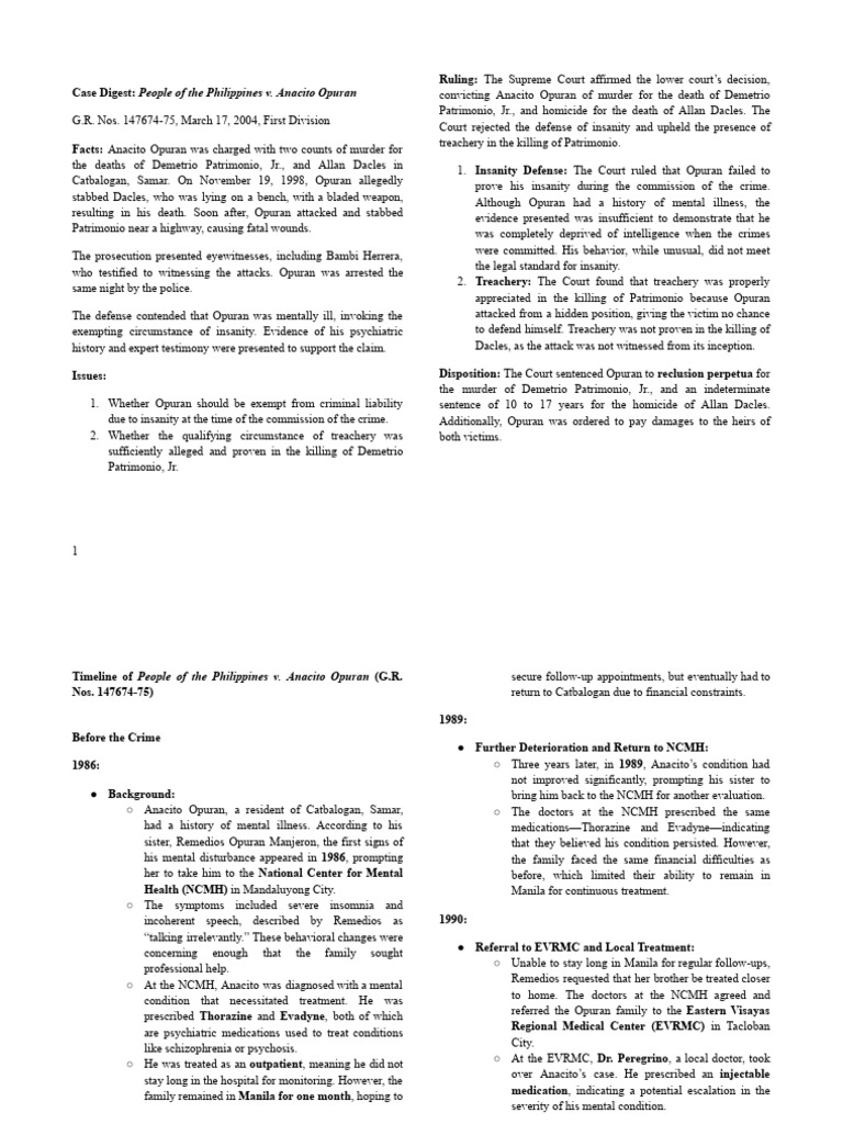 Legal Analysis: Opuran Case | PDF | Insanity Defense | Murder
