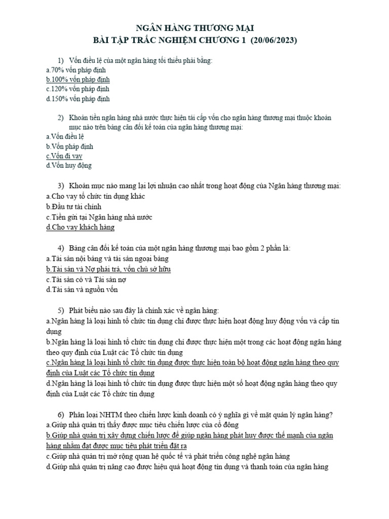 Ngân Hàng Thương M I - BTTN Chương 1 | PDF